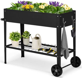 Costway Jardini&egrave;re Sur&eacute;lev&eacute; en M&eacute;tal avec Pieds, Lit de Jardin sur Roulette avec &Eacute;tag&egrave;re de Rangement Trous de Drainage Crochets de Suspension et Poign&eacute;e,Noir
