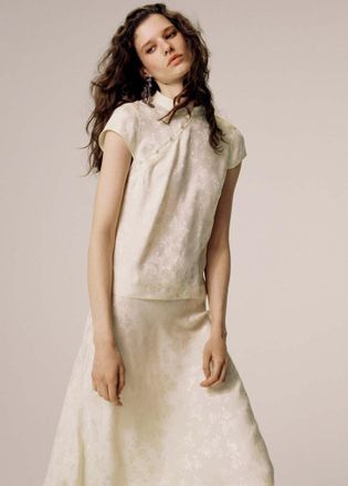 Mango Haut jacquard &agrave; col officier &eacute;cru - Femme - XS - MANGO