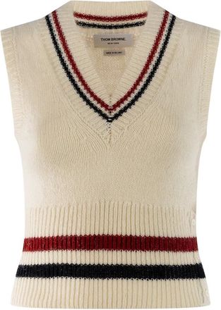 Thom Browne Pull en maille &agrave; col en V - Femme - Pulls - Blanc - Taille: 38 FR