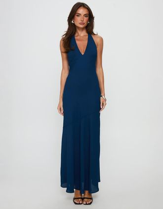 Princess Polly Robe longue dos nu en mousseline &agrave; ourlet asym&eacute;trique - Bleu marine