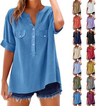 Generic Chemisier en lin pour femme &agrave; manches courtes - Chemise d&eacute;t&eacute; surdimensionn&eacute;e en mousseline - Grande taille - Haut en lin avec boutons - Col en V - Che
