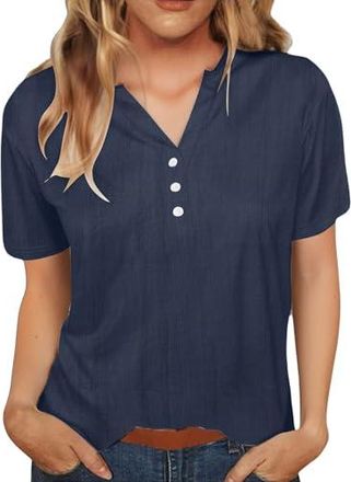 Generic Chemisier d&eacute;t&eacute; ample &agrave; manches courtes et revers roul&eacute; avec patte de boutonnage pour femme, coupe ample, col en V, pour le travail, les vacances | Hau