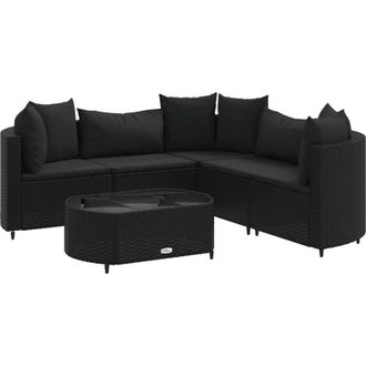 vidaXL Salon de jardin 6 pcs avec coussins noir r&eacute;sine tress&eacute;e vidaXL
