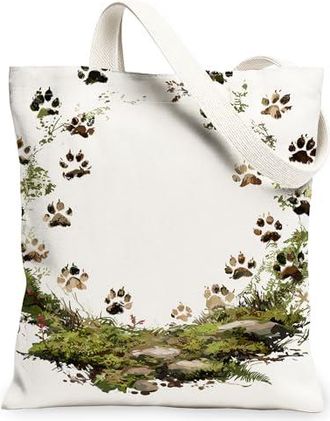 Generic Sacs fourre-tout en toile avec motif empreintes de pattes - R&eacute;utilisables - Printemps - &Eacute;cologique - Lavable - Bandouli&egrave;re en toile pour, blanc, 13x15