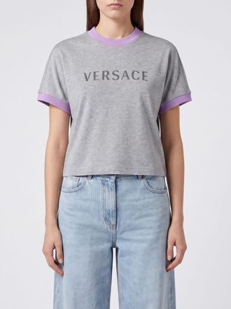 Versace Graues Baumwoll-T-Shirt mit Logo-Print und Kontrastbes&auml;tzen