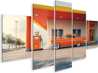Islandburner Prime Bild auf Leinwand Klassisches Auto an der Vintage Tankstelle f&uuml;r Wohnzimmer Oldtimer-Fans Autohaus Bilder Wandbilder Poster