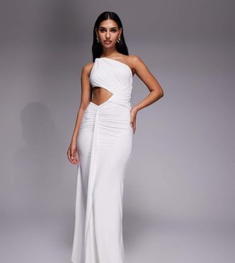 KAIIA Exklusiv - Anschmiegsames, doppellagiges One-Shoulder-Maxikleid in Wei&szlig; mit Cut-out-Detail
