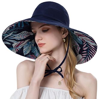 Feoya Sonnenhut Frauen Faltbarer Hut Packable UV-Schutz Wide Brim Sommer Strand Hut Reversible Sonnenhut f&uuml;r Damen mit Nackenschutz B-Navy Einheitsgr&ouml;&szlig;e