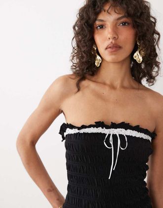Nobody's Child Top bandeau en coton avec corsage fronc&eacute; et d&eacute;tail contrastant - Noir