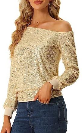 Allegra K Chemisier à Paillettes Femme Blouse à Sequin à Épaules Dénudées à Manches Longues Top Brillant de Club Haut Scintillant de Soirée Or XL
