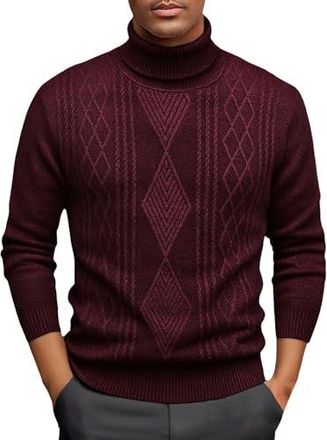 Generic Pull à col roulé pour homme - Pull en tricot torsadé - Uni - Léger - Col haut - Pour lhiver - Coupe ajustée, bordeaux, XL