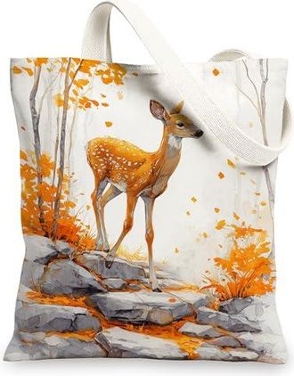 Generic Sacs fourre-tout en toile motif cerf, sacs dépicerie réutilisables, motif nature bohème, léger, lavable, bandoulière pour lextérieur, blanc, 13x15 Inc