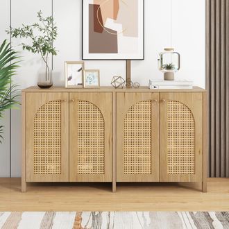 Generic LZPUOUI Sideboard Kommode 145 cm Naturholz Anrichte mit 4 Rattant&uuml;ren Metallgriffen verstellbaren Regalb&ouml;den Buffetschrank in MDF Spanplatte PE-Rattan