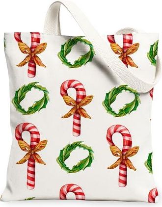 Generic Sacs fourre-tout en toile de vacances, motif canne &agrave; sucre dorge festif et couronne, sacs de courses r&eacute;utilisables, l&eacute;gers et lavables, toile pour sal