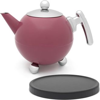 Bredemeijer gro&szlig;e doppelwandige Teekanne 1.2 Liter - rosa Edelstahl Kanne ohne Filter & schwarzer Holzuntersetzer - f&uuml;r l&auml;ngeren Teegenuss