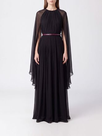 Max Mara Langes Abendkleid aus Seide mit langen &Auml;rmeln und G&uuml;rtel