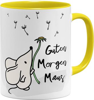 OM3 Guten Morgen Maus Tasse mit Spruch Statement - Keramik Becher - 325ml - Beidseitig Bedruckt - Gelb