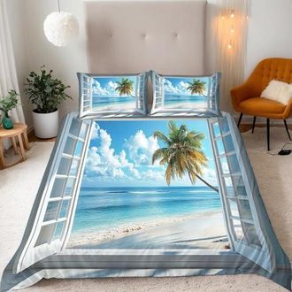 Generic Housse de Couette 240x260 Cocotier de Plage Parure de Lit Vue par la Fen&ecirc;tre 3D Douce Respirante Microfibre Housse Couette 2 Personne avec Fermeture &Eacute;