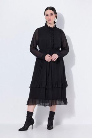 Ulla Popken Maxikleid Midikleid R&uuml;schen A-Linie Stehkragen Langarm