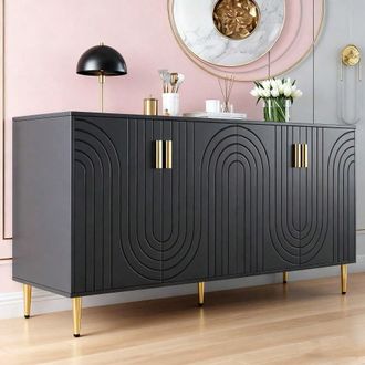 Generic Elegantes Sideboard 152x40x75 cm in Schwarz - Mit exklusivem Wellendesign & goldenen Griffen/Füßen - Hochwertiger Esszimmerschrank (Modell: N620P17539