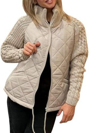 Generic Veste bouffante en tricot patchwork pour femme - Fermeture &eacute;clair - Manches longues - Chaud - Col matelass&eacute;, kaki, 3XL