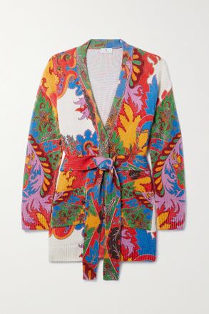 Etro Cardigan En Soie Et Lin Mélangés À Imprimé Fleuri Et À Ceinture - Bleu