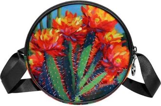 Generic Petit sac &agrave; bandouli&egrave;re rond pour femme, motif fleurs de cactus avec fermeture &eacute;clair, bretelles r&eacute;glables, sac &agrave; main rond d&eacute;contract&eacute; pour femmes et