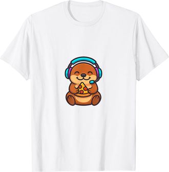 Hello Kitty Kawaii S&uuml;&szlig;er Otter Kopfh&ouml;rer Pizza Musik Design Anime Stil T-Shirt