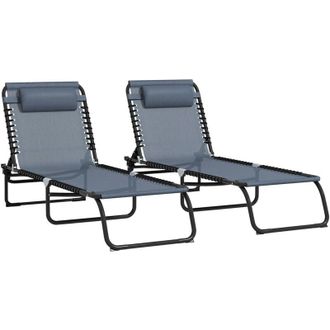 OUTSUNNY Lot de 2 bains de soleil transats pliables inclinables acier lacets &eacute;lastiques noir textil&egrave;ne gris