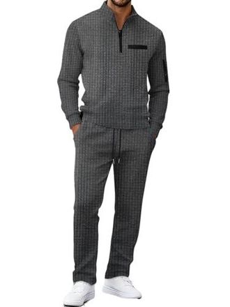 Generic Survêtement 2 pièces pour homme avec polos, fermeture éclair quart de long, ensemble de jogging assorti, gris foncé, 3XL