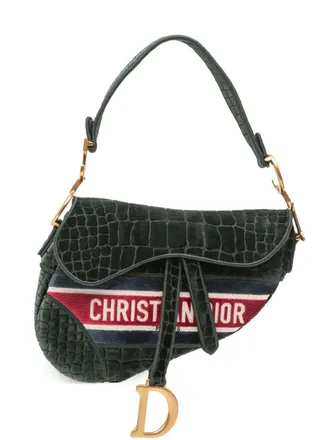Dior sac port&eacute; &eacute;paule Saddle Bag en velours brod&eacute; &agrave; effet peau de crocodile (2021) - Vert