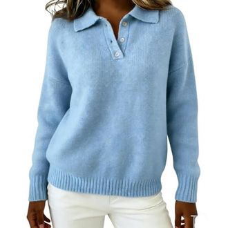 Generic Pull classique &agrave; col polo boutonn&eacute; de couleur unie pour femme, haut tricot&eacute; &agrave; manches longues et col en V pour lautomne et lhiver, bleu, 5XL