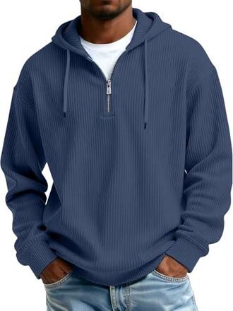 Generic Pull à capuche zippé 1/4 pour homme avec capuche en tricot côtelé texturé à manches longues Veste zippée pour homme Coupe ample Décontracté Classique 