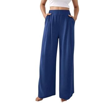 Generic Pantalon d&eacute;contract&eacute; &agrave; jambe large en modal doux pour femme avec poches taille haute, bleu, XXL