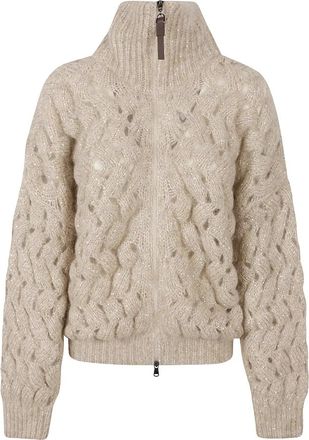 Brunello Cucinelli Femme, Pulls, Beige, Taille: 40 FR Cardigan en r&eacute;sille &eacute;blouissante