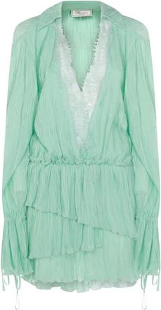 Blumarine Femme, Robes, Vert, Taille: 34 FR V-neck Ruffled Short Dress