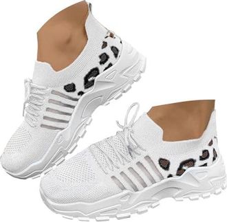 Generic Chaussures de course pour femme - Imprimé léopard - Baskets orthopédiques pour femme - Chaussures de marche à lacets en maille - Chaussures de course 