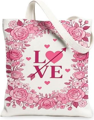 Generic Sacs fourre-tout r&eacute;utilisables en toile Motif coeur romantique avec bandouli&egrave;re lavable, p&ecirc;che, 13x15 Inch