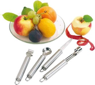 noTrash2003 4-teiliges Obstmesserset Fruit: bestehend aus Orangenmesser, Zitronenschaber, Fruchtfleischlöffel und Apfelentkerner, alle Messer mit praktischer Aufh