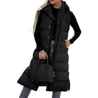 Generic Upliftjoys Gilet long sans manches pour femme, capuche matelass&eacute;e et fermeture &agrave; boutons, pour lhiver, Noir, 5XL