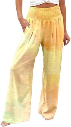 Generic Pantalon en coton et lin pour femme - Jambe large - Pantalon de plage d&eacute;t&eacute; confortable - Pantalon de yoga Palazzo - XIYU26091, jaune, 3XL