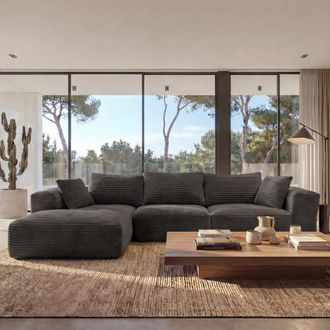 Mendler Sofa-Garnitur HWC-P20, 3-Sitzer Couch Loungesofa, Stoff/Textil Cord (370 g/m&sup2;) Liegefl&auml;che Links - dunkelgrau