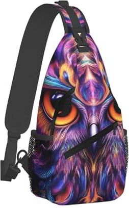 Generic Polyester Sacoche Tactique Art abstrait psych&eacute;d&eacute;lique de hibou dans lespace cool Sac Bandouli&egrave;re Antivol Sac &agrave; Dos Militaire pour Homme &eacute;cole Cyclisme