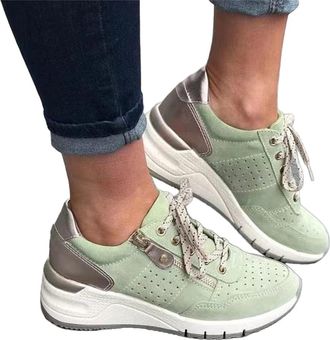 ORANDESIGNE Grün Damen Plateau Sneaker Freizeitschuhe Mode Keilabsatz Flache Schuhe Schnüren Bequeme Sneakers Weiblich Atmungsaktive Outdoor Laufschuhe A Grün 42 