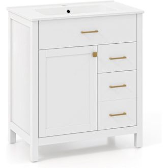 Costway Costway - Meuble bas de salle de bain avec lavabo en c&eacute;ramique - 2 tiroirs et armoire de rangement - Dimensions 76x46,5x86 cm - Blanc et or