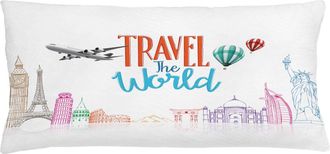 Abakuhaus Reise Kissenbezug, Travel World-Beschriftung, für den Innen oder Außen Bereich geeignet mit Reißverschluß Waschbarer Stoff, 90 x 40 cm, Blau Rot