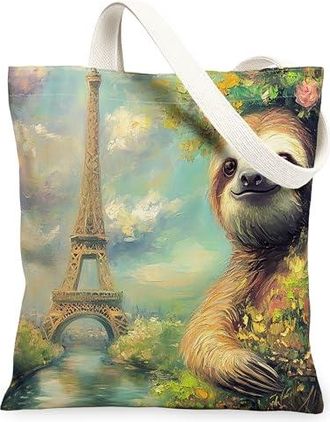 Generic Sac fourre-tout en toile motif paresseux printanier 33 x 38,1 cm, tour romantique, sac d&eacute;picerie r&eacute;utilisable pour femme, motif animal, peinture de vo