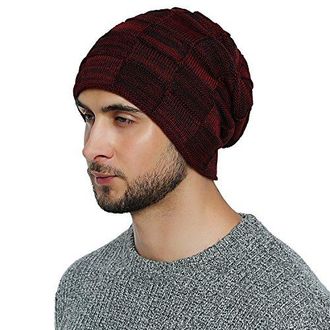 DonDon Bonnet homme hiver Slouch Beanie Bonnet laine avec doublure chaude en polaire extra-douce - Rouge foncé Noir