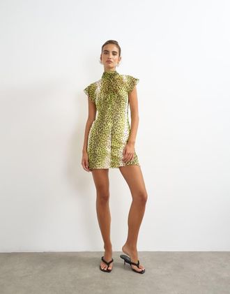 Topshop Mini-Kleid aus Chiffon mit Schal-Detail und gelbem Animal-Print