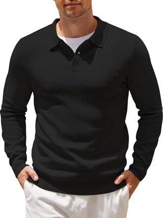 Coofandy Polo Tricoté Homme Manches Longues Pulls Coupe Régulière Pull Polo Uni Hiver Bureau Pull Col Boutonné Sweater Homme Noir XL